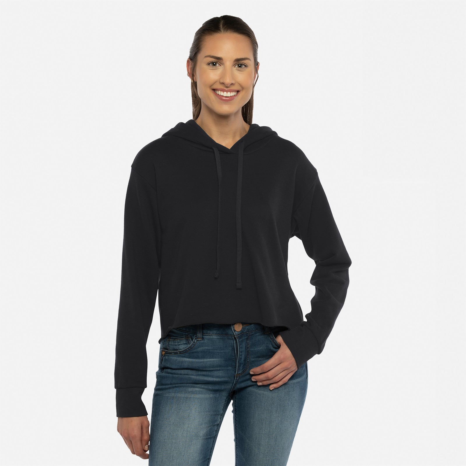 9384 Women's Laguna Sueded Raw Edge Crop Hoodie Black | Next Level Apparel